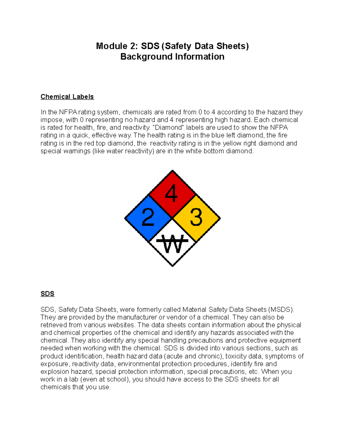 CHEM 1405 Module 2: Safety Data Sheets (SDS) Overview and Key Info ...
