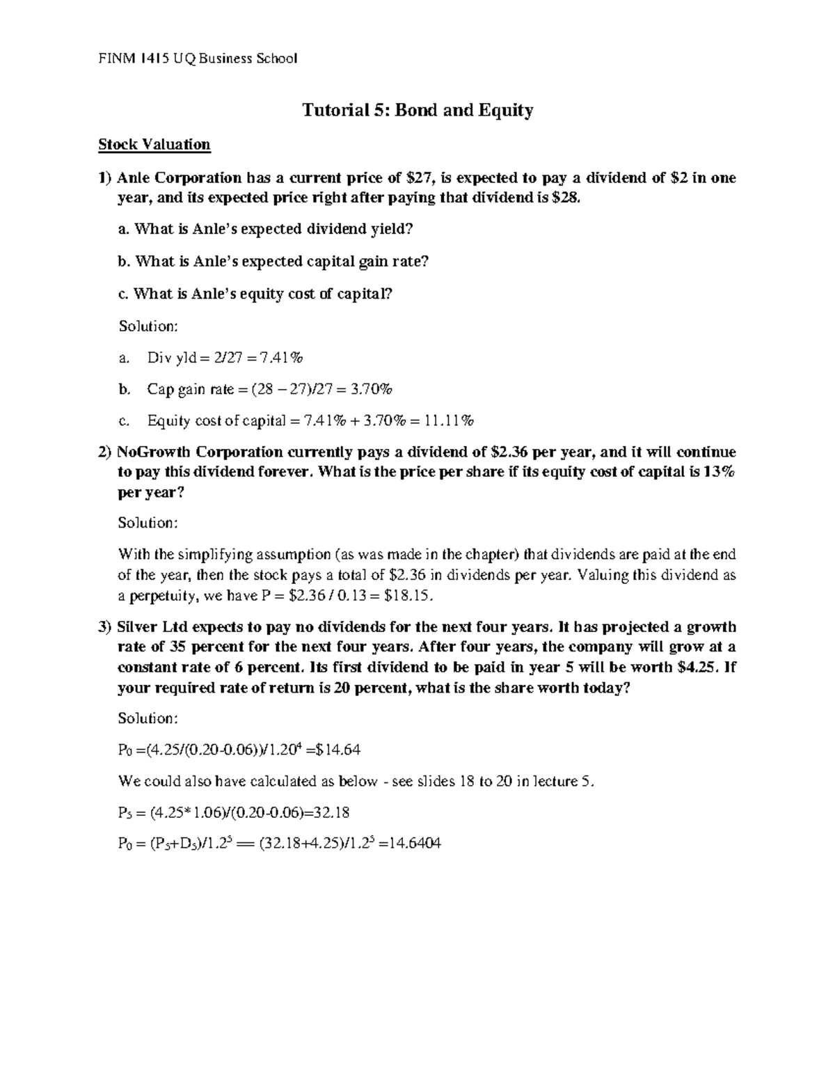FINM 1415 UQ Business School: Solutions for Tutorial 5 on Bond and ...