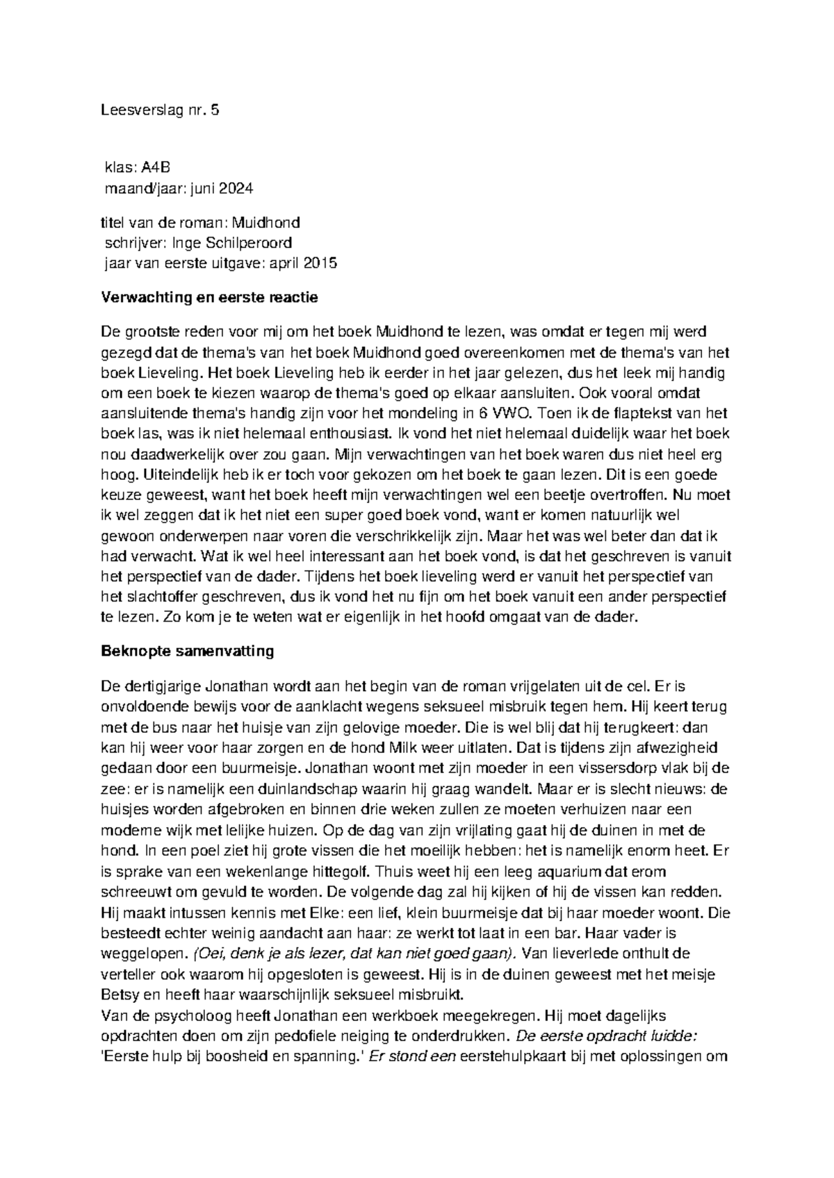 Nederlands Leesverslag: Muidhond (Klas A4B, Juni 2024) - Studeersnel