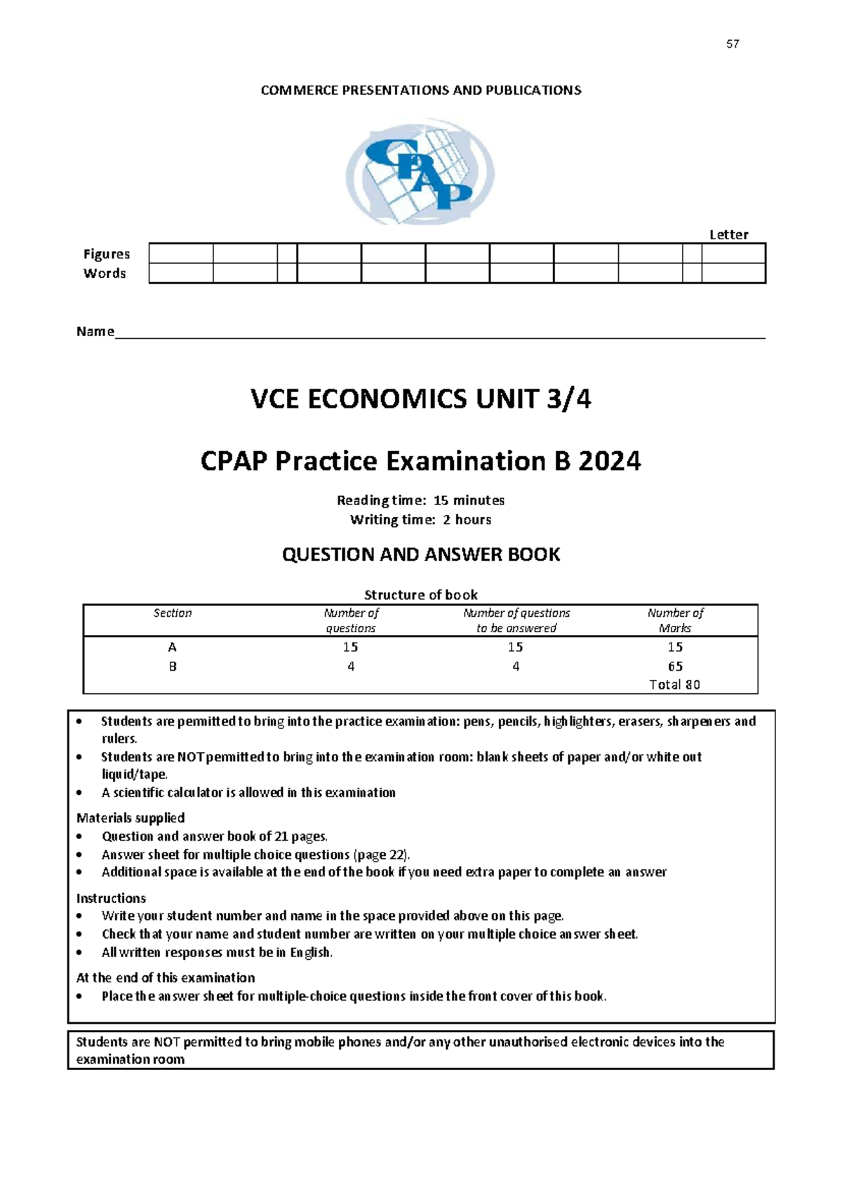CPAP 2024 VCE Economics Units 3 & 4 Exam B: Practice Questions ...