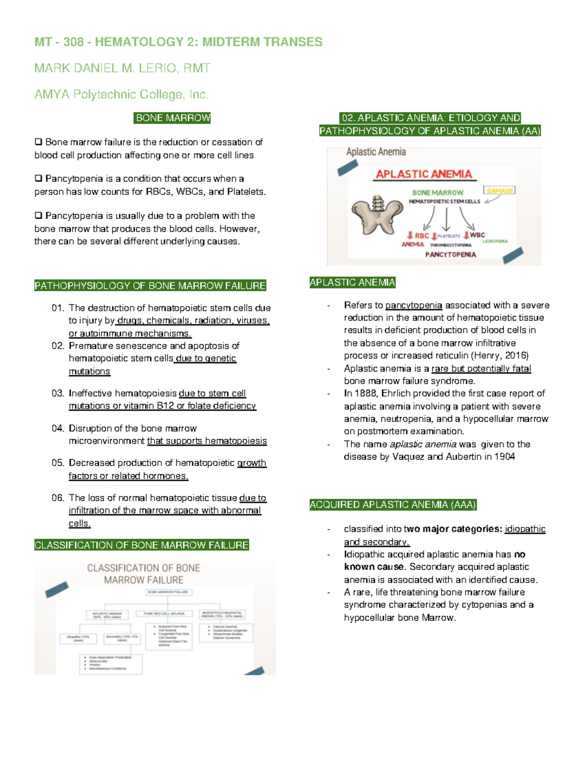 MT 308 HEMATOLOGY 2: MIDTERM STUDY NOTES ON APLASTIC ANEMIA - Studocu