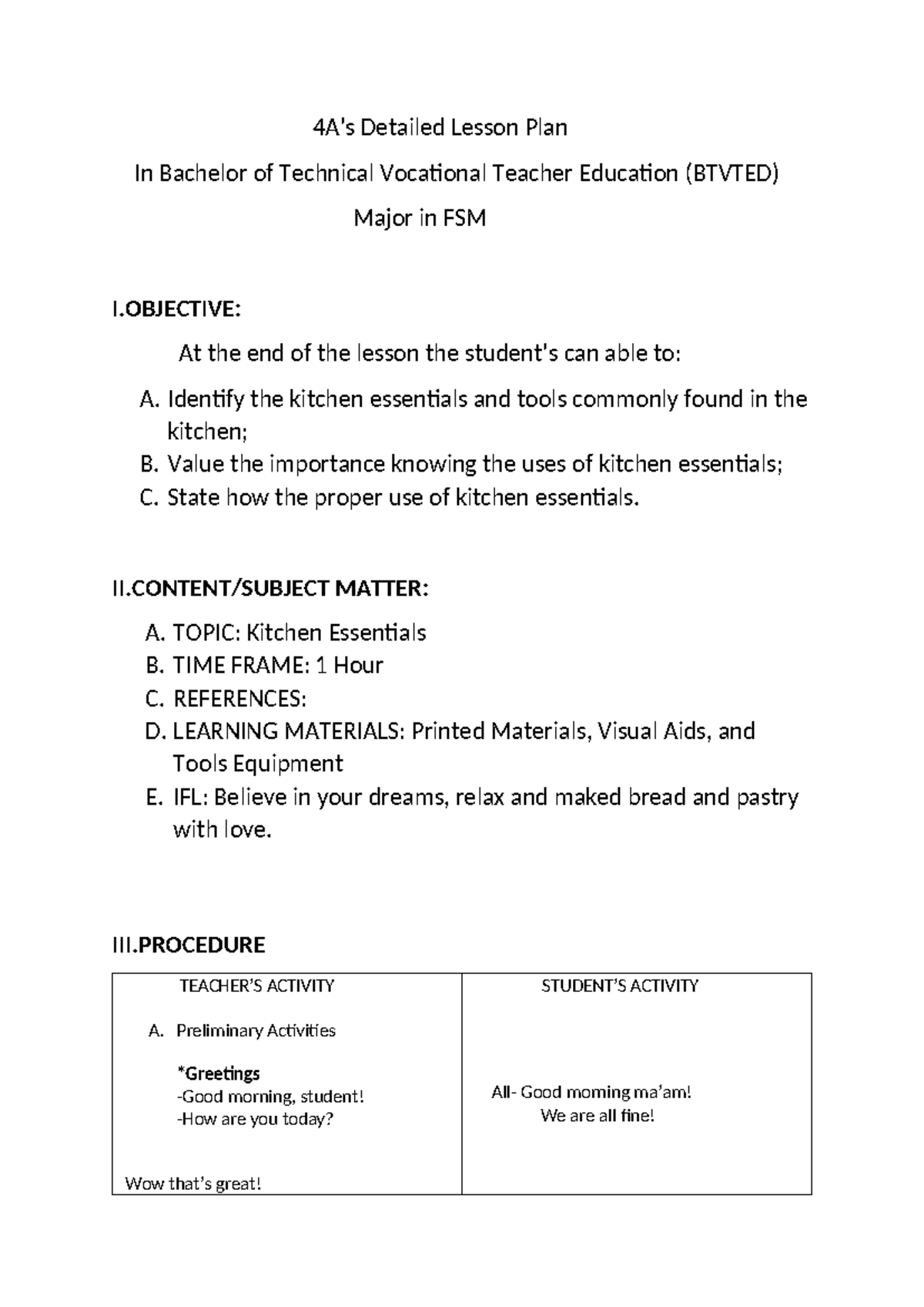BTVTED-4A's Culinary Essentials Lesson Plan - Studocu