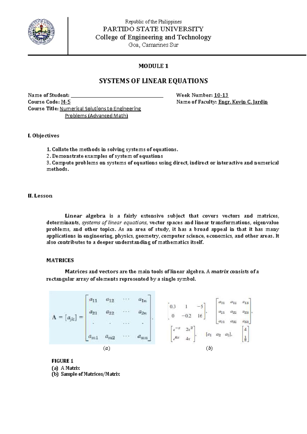 Module 1: Systems of Linear Equations - Numerical Solutions (ENGR 101 ...