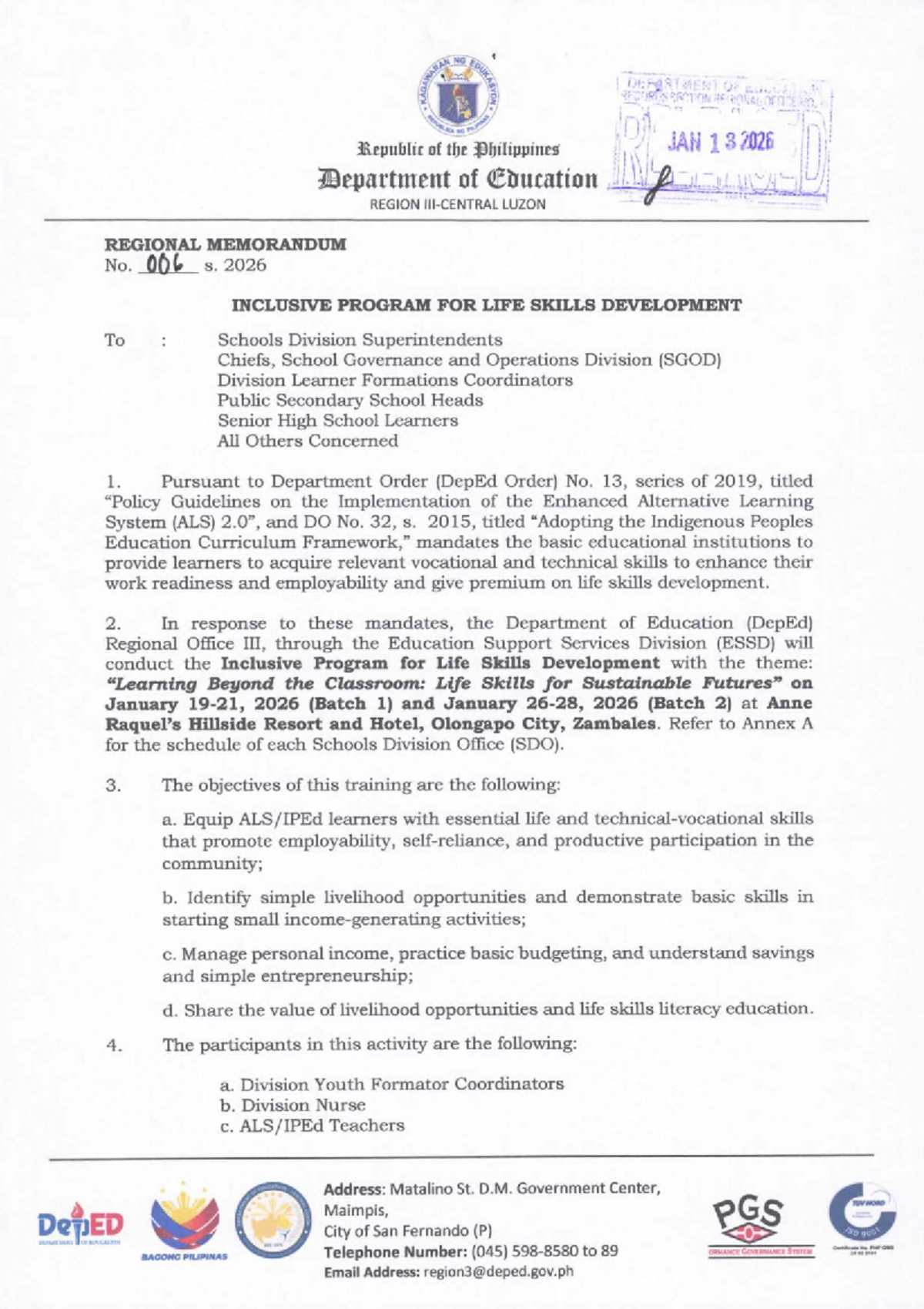 Inclusive Program for Life Skills Development (Batch 1 & 2) - RM No. 006 S. 2026 - Studocu