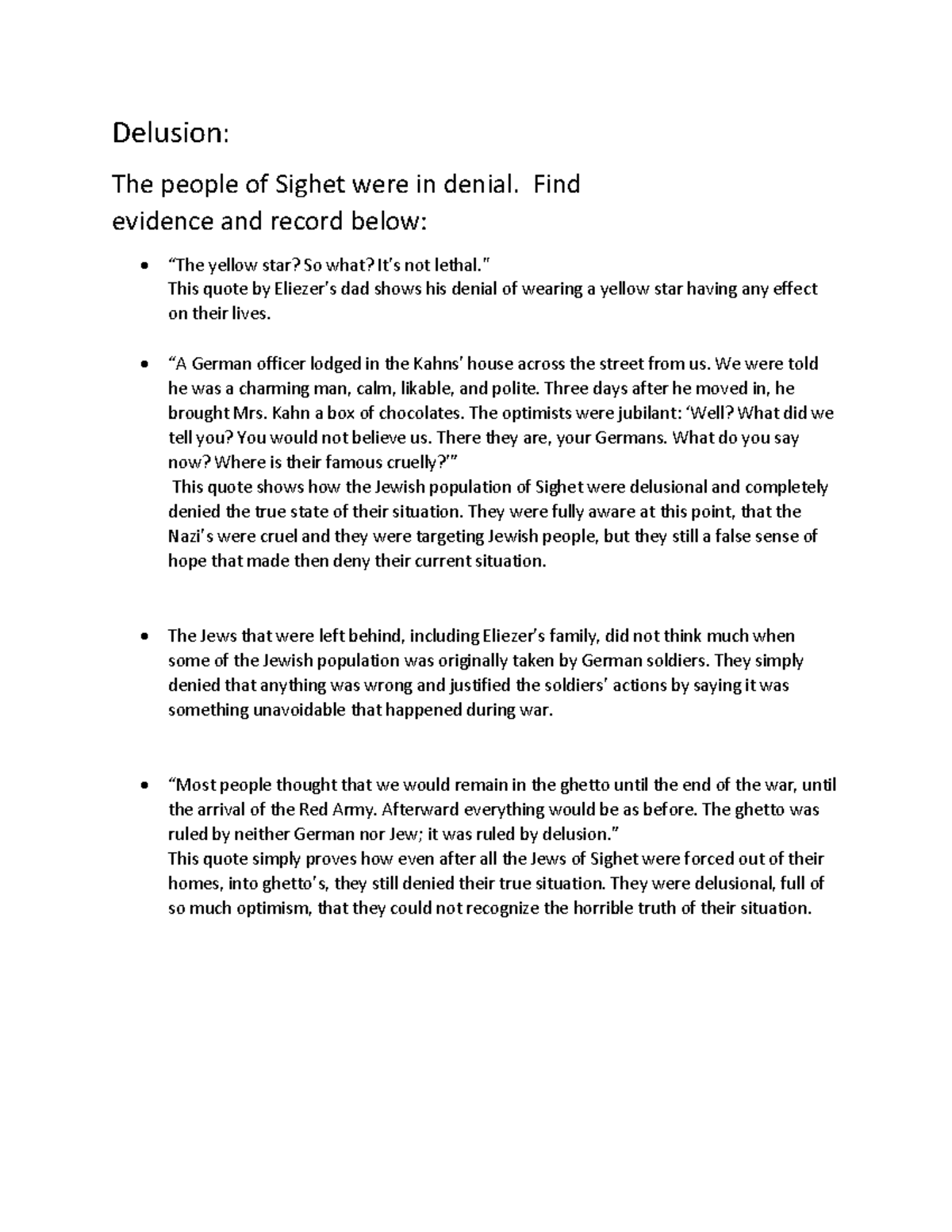 Night - Section 1: Understanding Delusion in Sighet - Studocu
