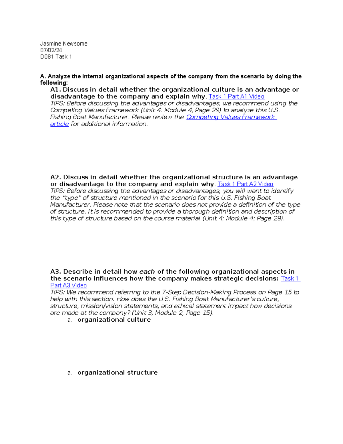 D081 Task 1: Org Culture, Structure & Innovation Analysis - Studocu