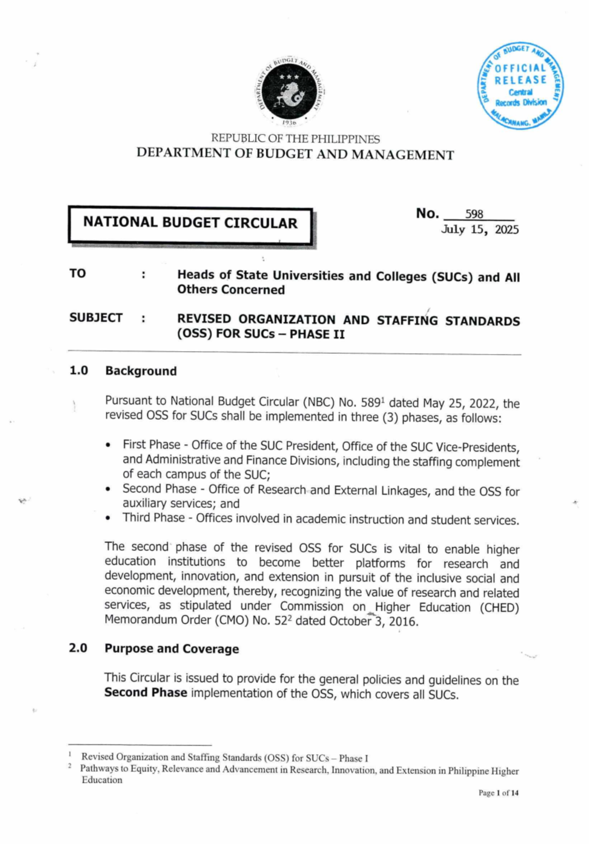 DBM Circular No. 598: Revised OSS for SUCs Phase II Guidelines - Studocu