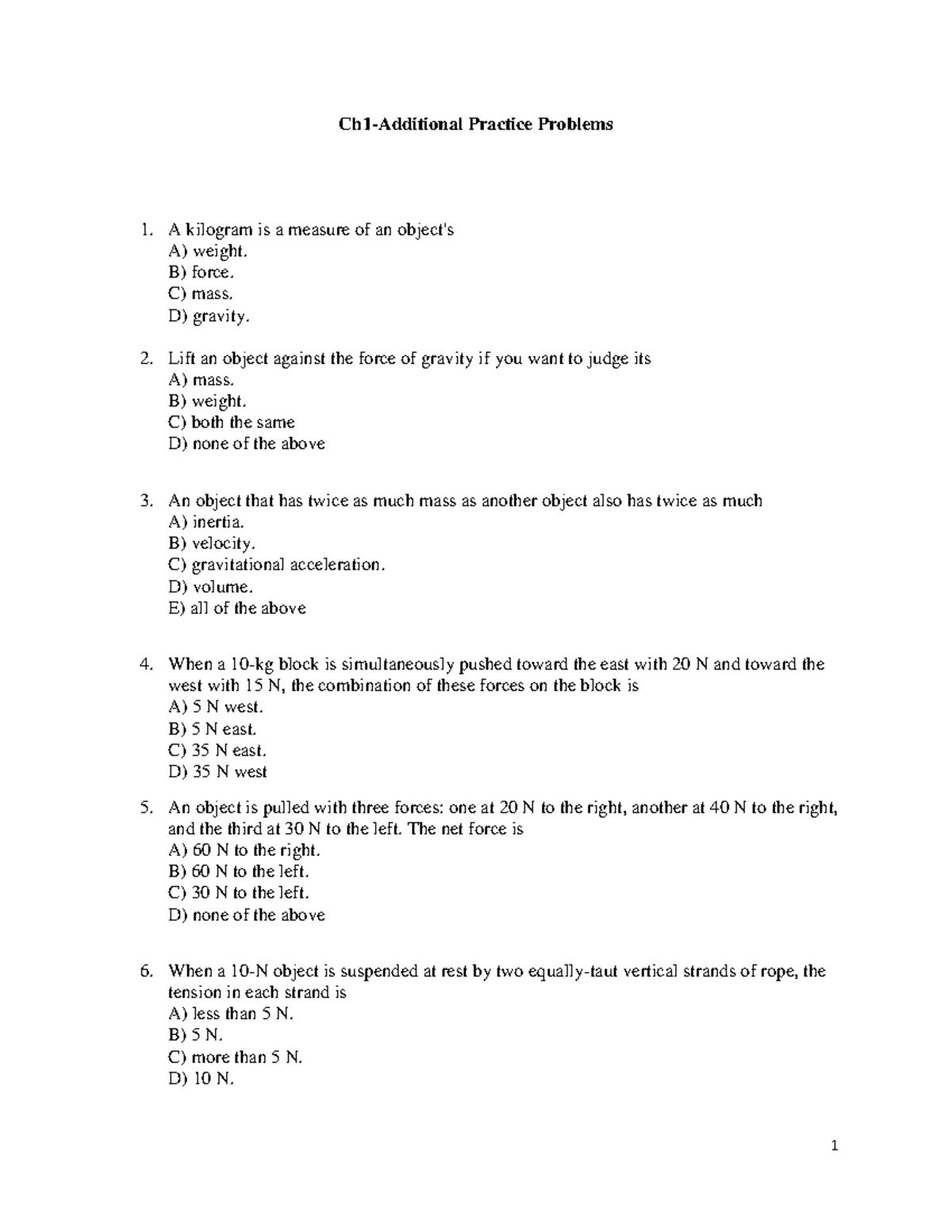Chapter 1: Additional Practice Problems for Physics Course - Studocu