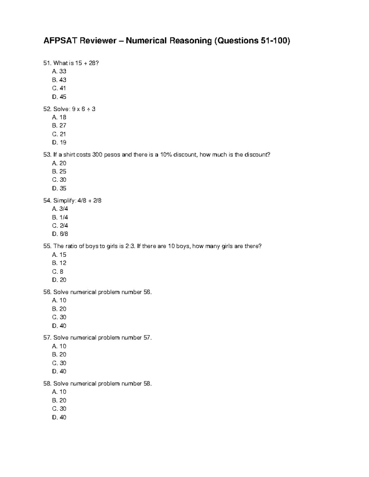 AFPSAT Reviewer: Numerical Reasoning Practice Questions - Studocu