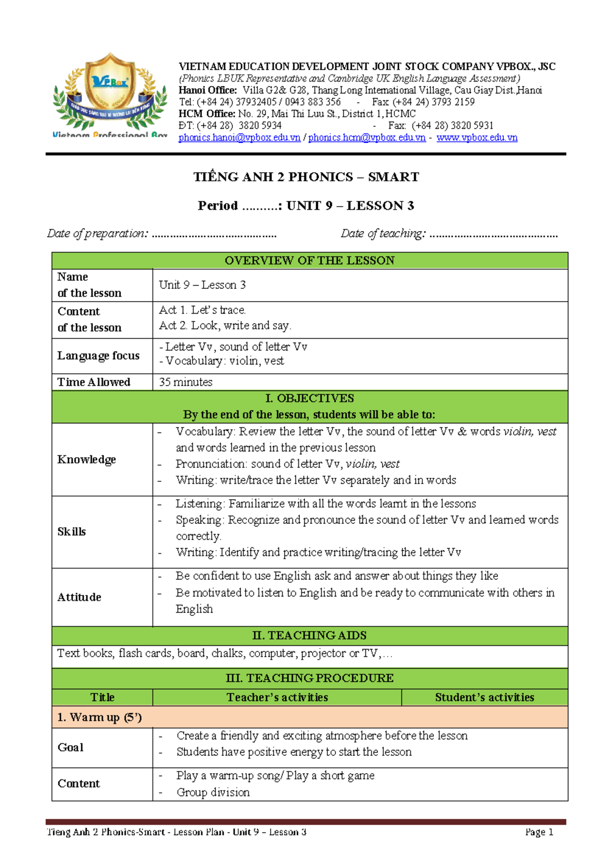 Tieng Anh 2 Lesson Plan: Unit 9, Lesson 3 Overview - Studocu