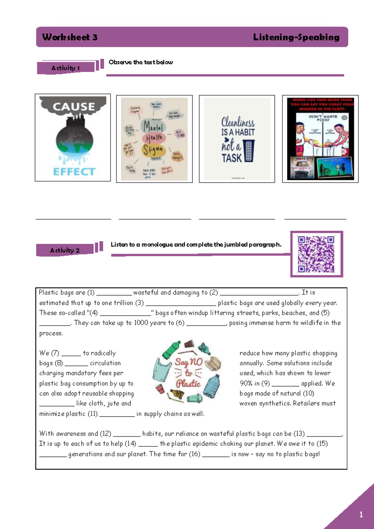 Hortatory Worksheet 725110109: Activities on Plastic Bags & Mental ...