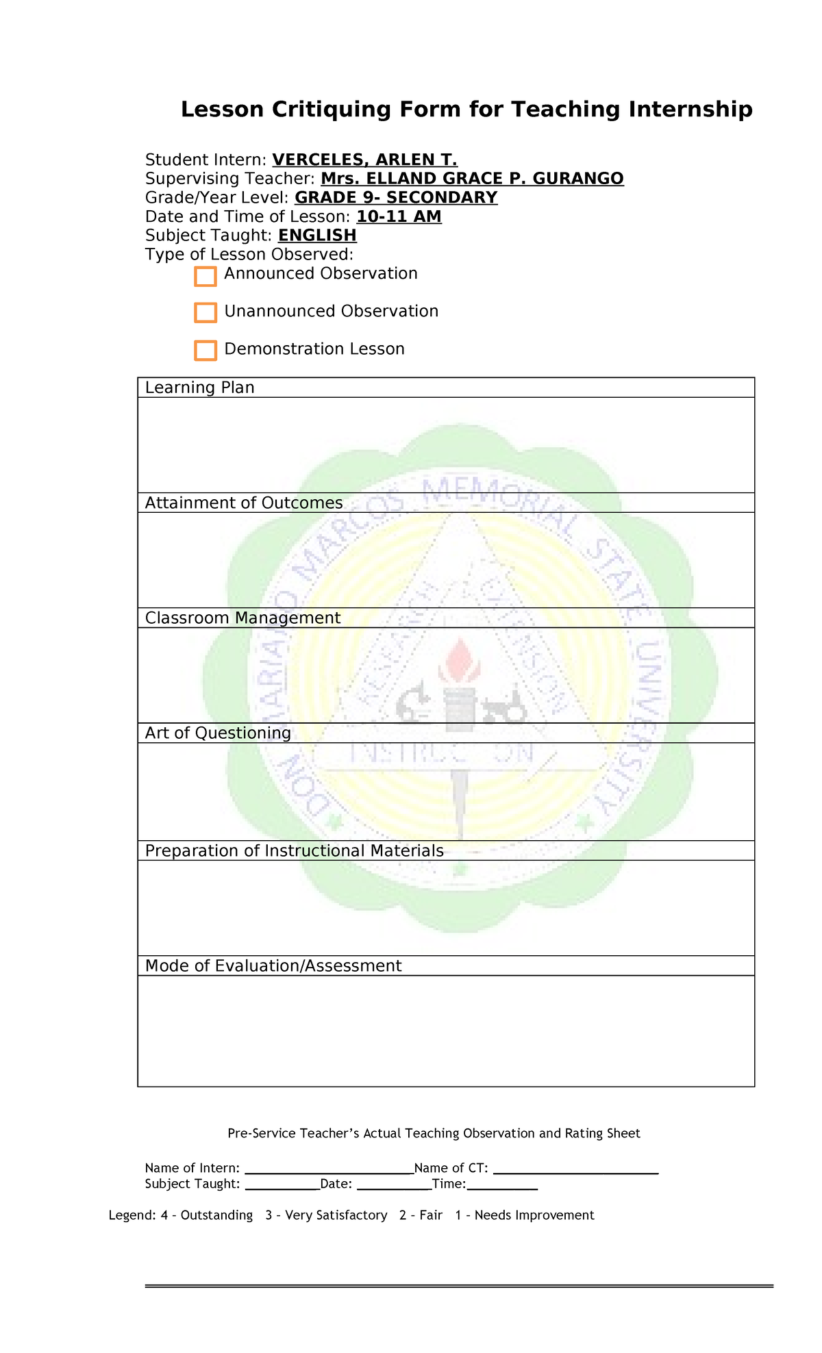 Lesson Critiquing Form for Teaching Internship (EDU 101) - Studocu