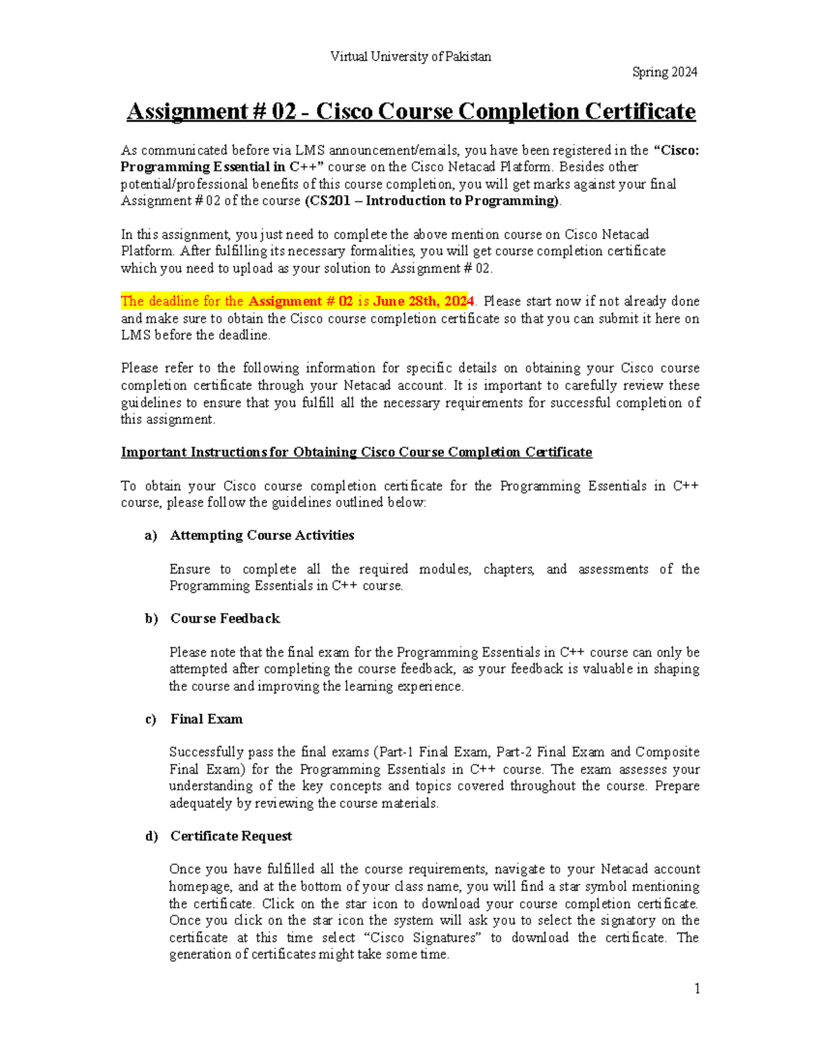 Spring 2024 CS201 - Assignment 02: Cisco Course Completion Guide - Studocu
