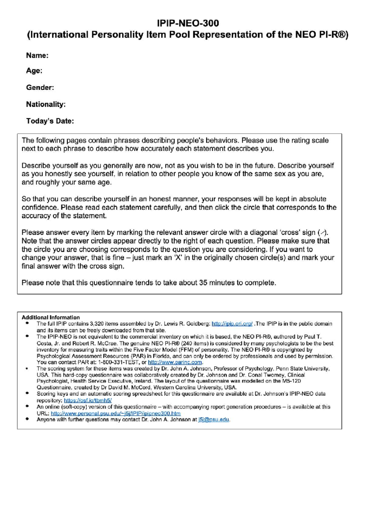 IPIP-NEO-300 Personality Questionnaire Instructions - Studocu