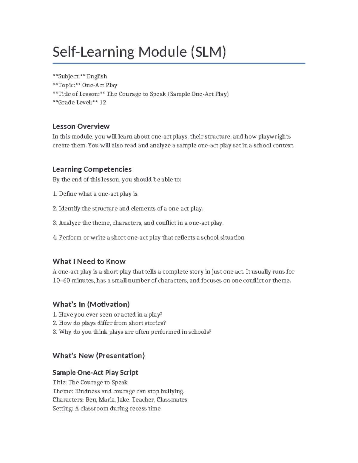 SLM English: One Act Play Overview - The Courage to Speak Lesson 12 ...