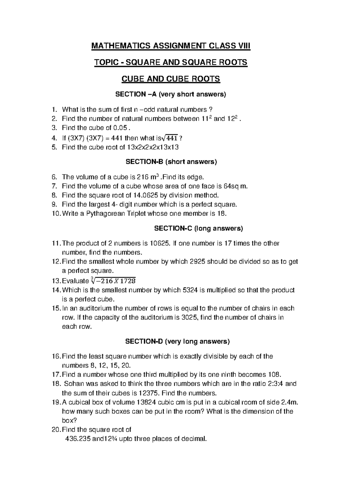 MATHEMATICS ASSIGNMENT: SQUARES & CUBES (Short Answers) - Studocu