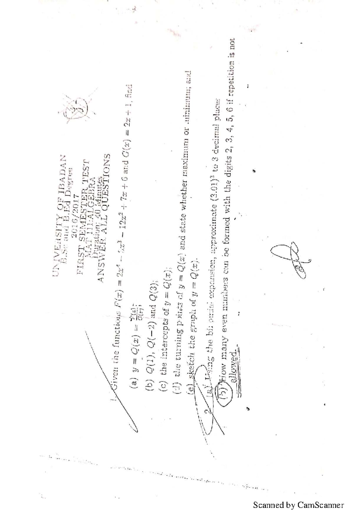 MAT 111 First Semester Test - Functions and Binomial Expansion - Studocu