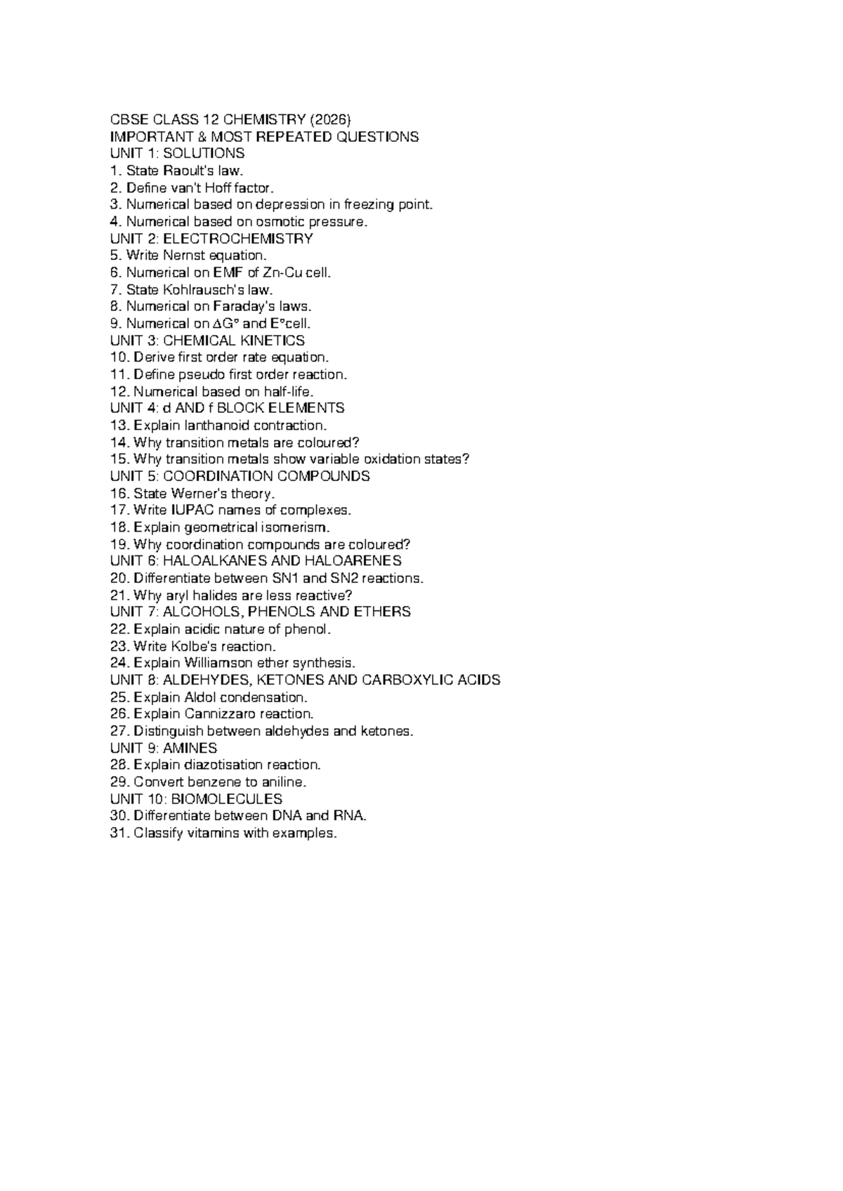 CBSE CLASS 12 CHEMISTRY (2026) IMPORTANT QUESTIONS FINAL EXAM - Studocu