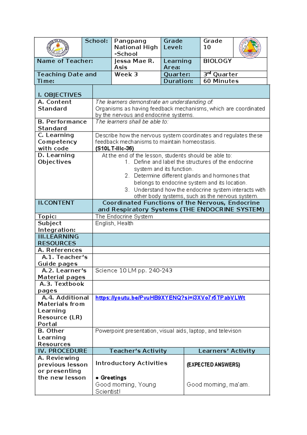 4. Endocrine System - sample lesson plan - School: Pangpang National ...