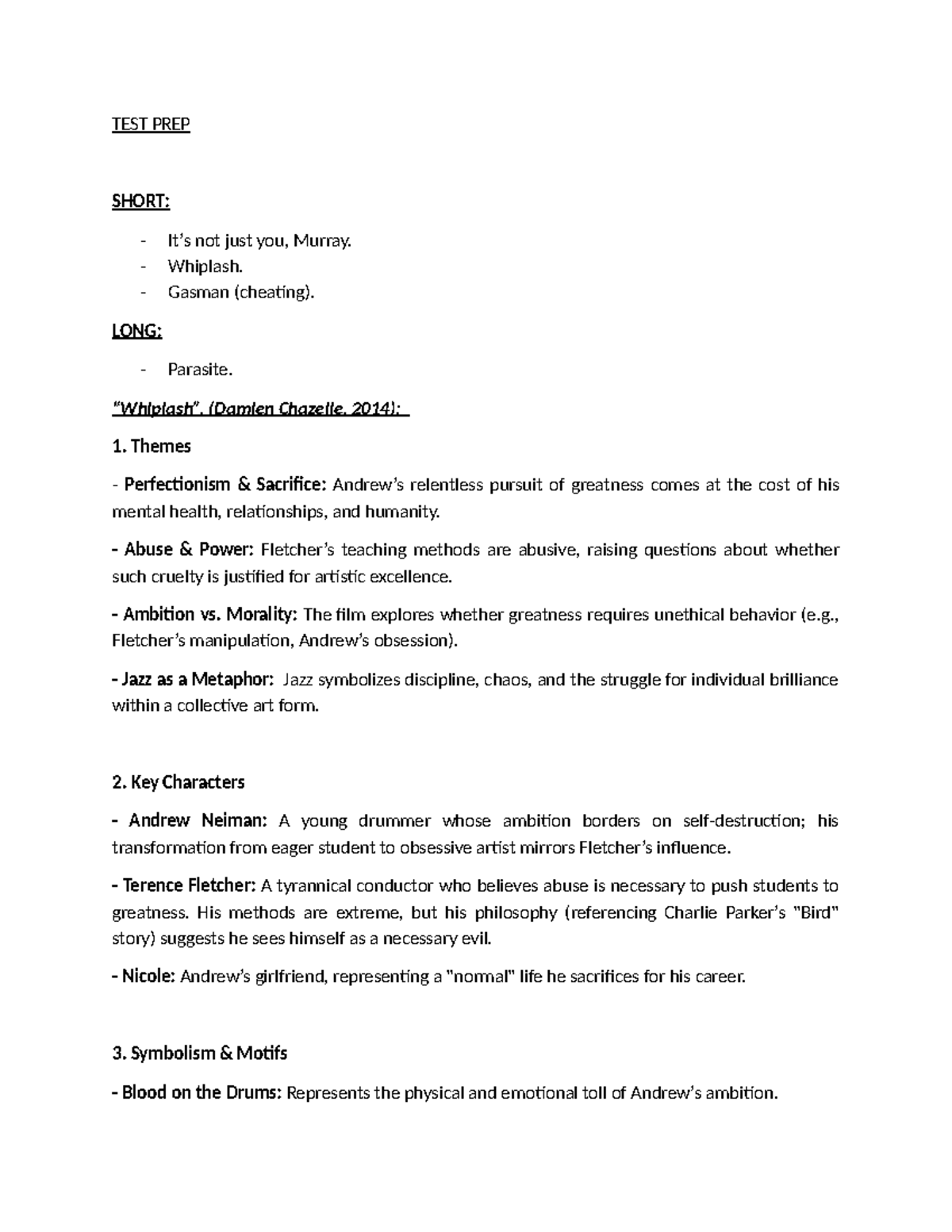 Short Film Notes: Themes & Characters in Whiplash (TEST PREP) - Studocu
