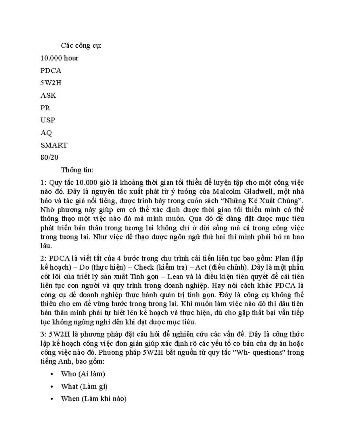 Các Công Cụ Phát Triển Bản Thân: PDCA, 5W2H, ASK, PR, USP - Studocu
