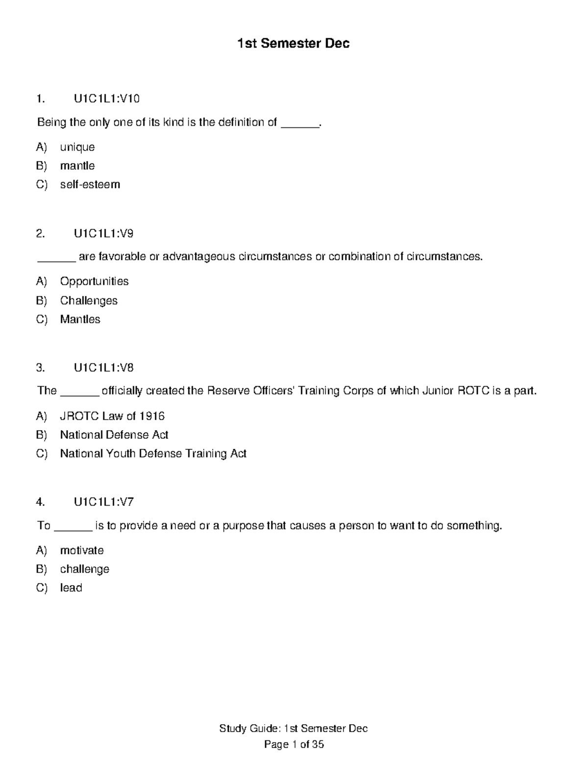 1st Semester Study Guide: JROTC Concepts and Definitions - Studocu