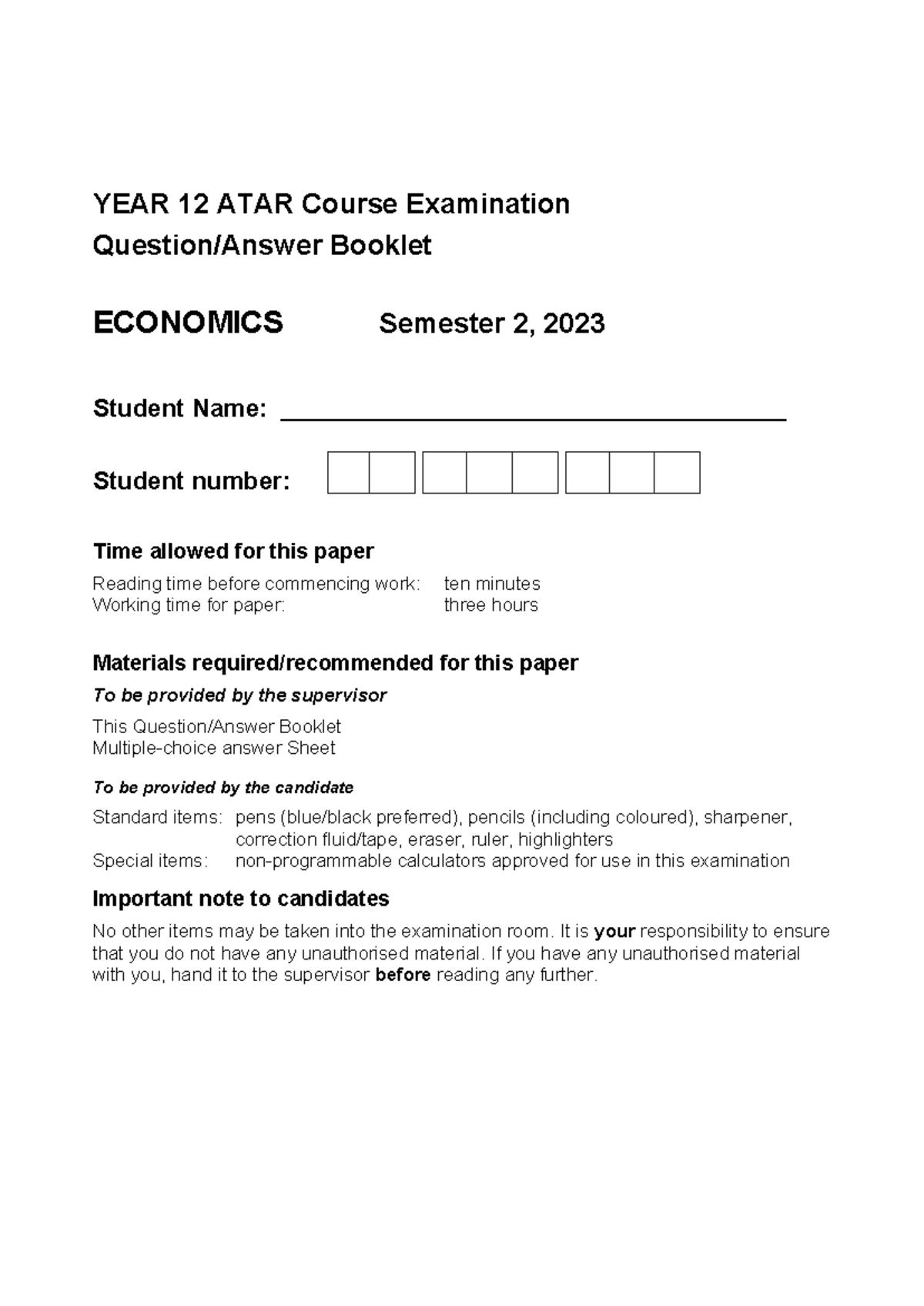 YEAR 12 ATAR Economics Final Exam Booklet - Semester 2, 2023 - Studocu