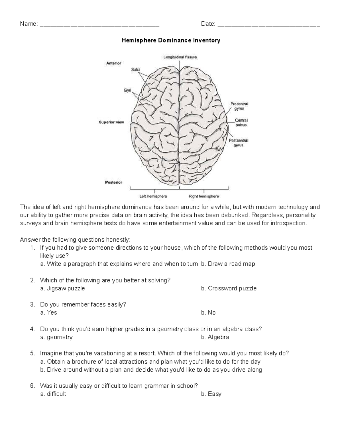 Hemisphere Dominance Inventory: Exploring Brain Activity and ...