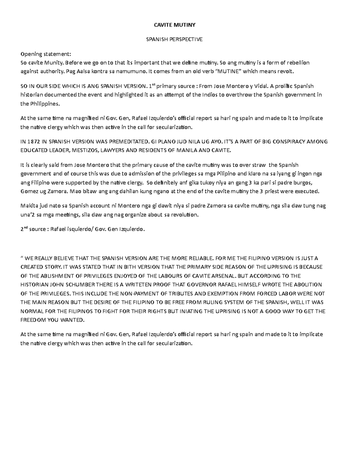 Cavite- Mutiny- Debate - CAVITE MUTINY SPANISH PERSPECTIVE Opening ...