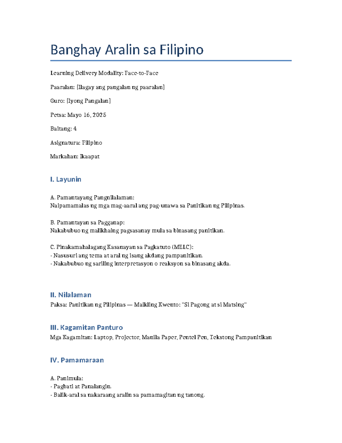 Lesson Plan: Filipino Panitikan for Grade 4 (Paaralan, Mayo 16, 2025 ...