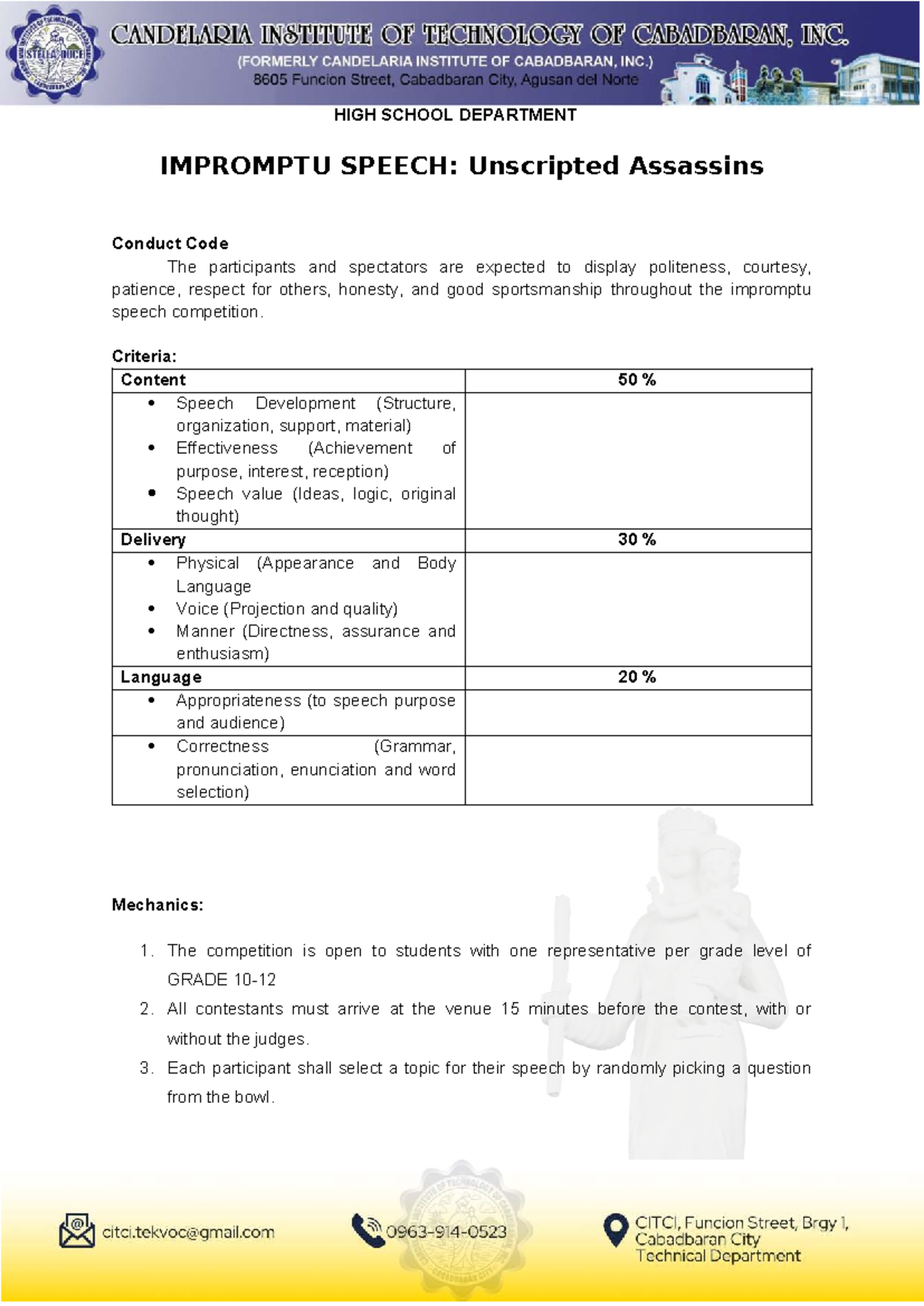 HIGH SCHOOL DEPT: Impromptu Speech Criteria & Conduct Code - Studocu