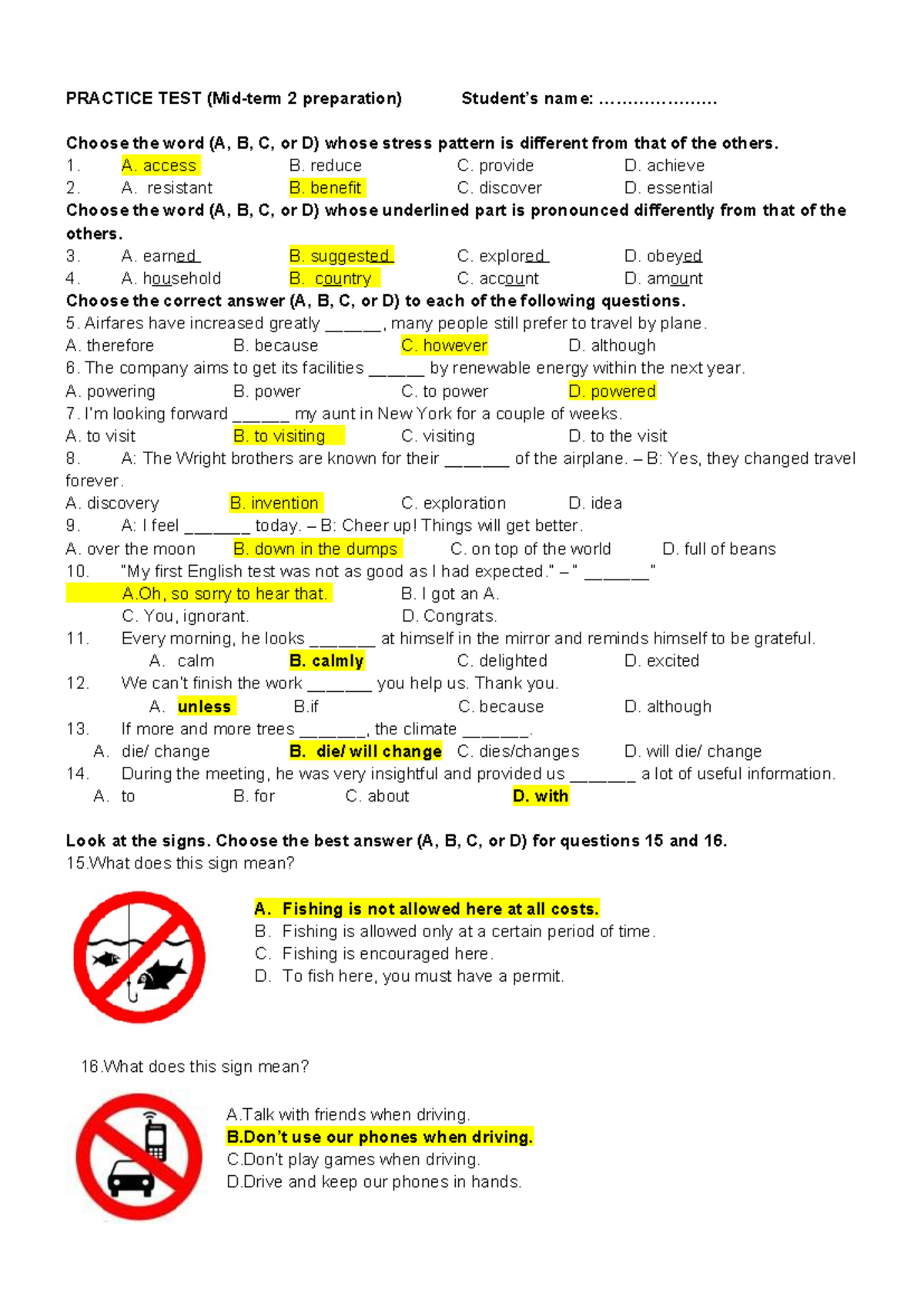 Grade 9 - Practice Test 2: Choose the Correct Word and Energy ...