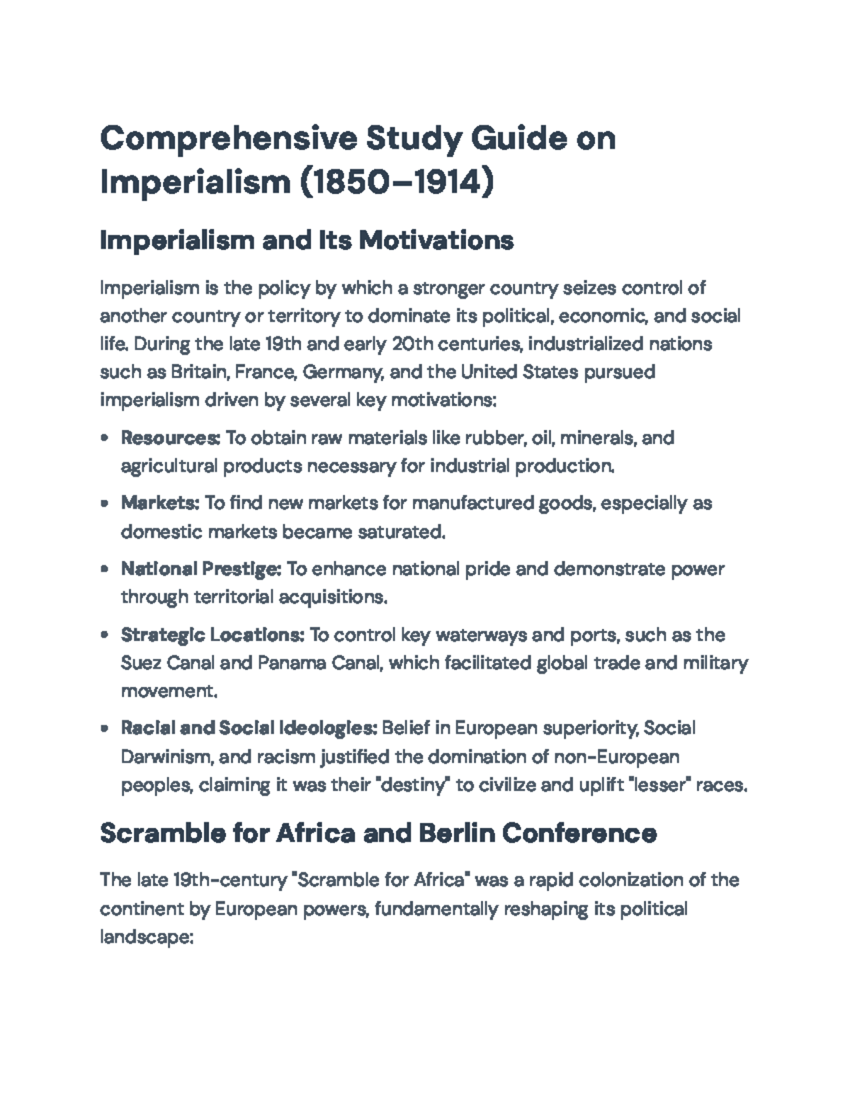 Study Guide: Key Concepts of Imperialism (1850–1914) - Studocu
