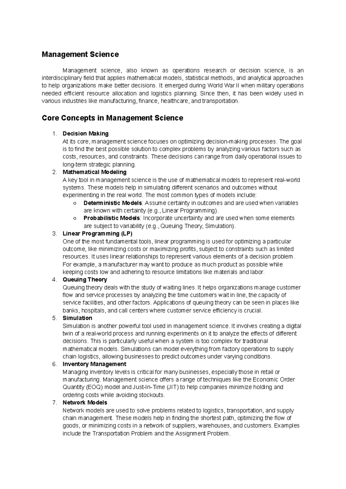 MS101: Introduction to Management Science - Key Concepts Notes - Studocu