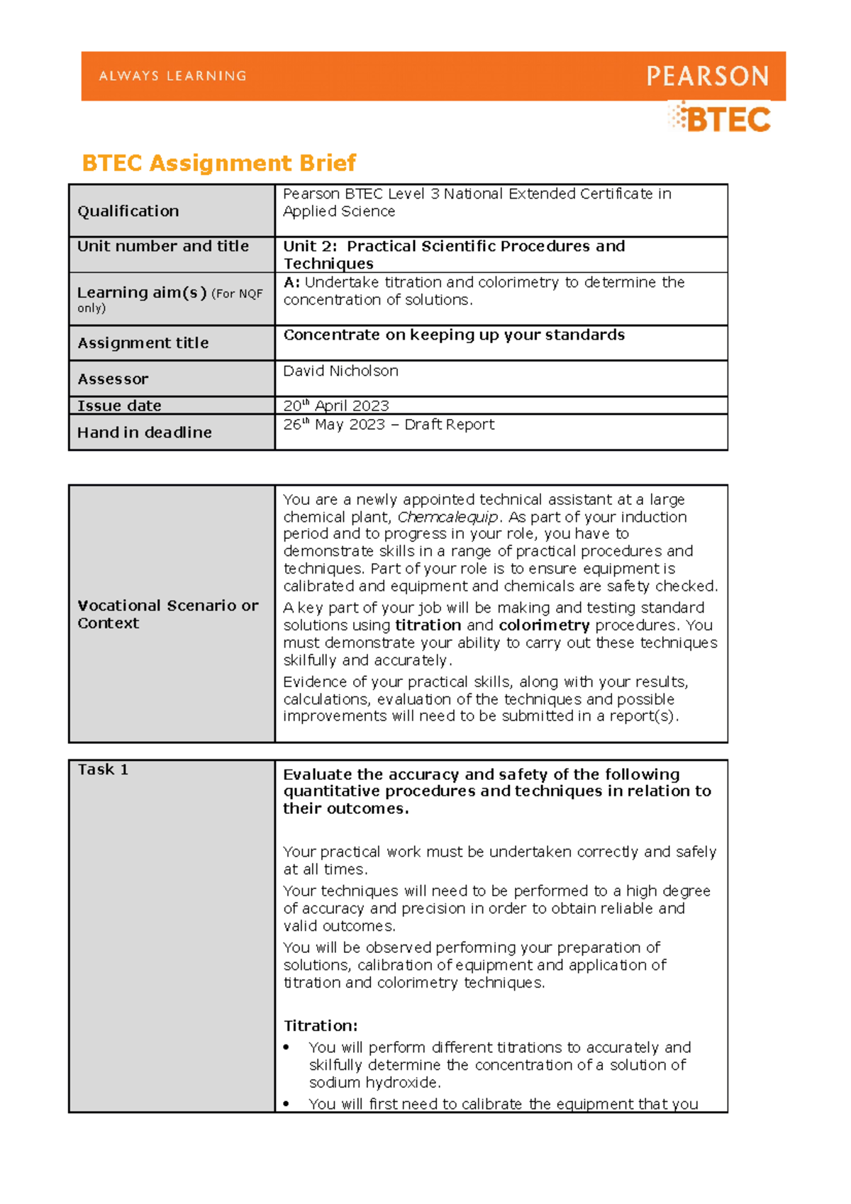 BTEC Level 3 Unit 2A Practical Sci Procedures: Titration & Colorimetry - Studocu