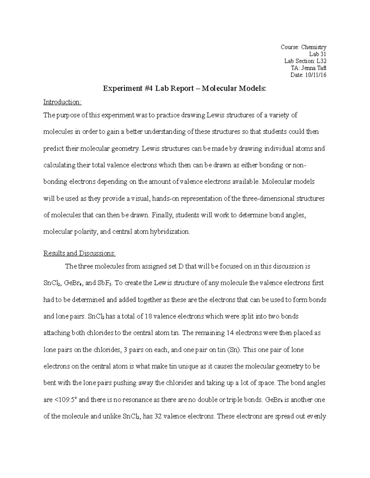 ChemistryLab 31: Lab Report 4 - Molecular Models & Lewis Structures ...