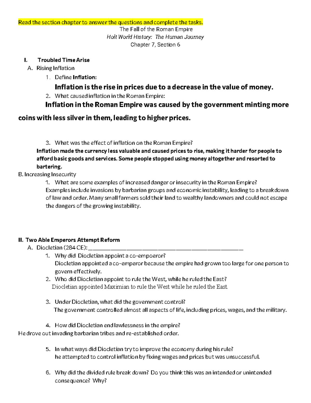 Copy of The Fall of Rome Assignment Holt Book Student Copy - Read the ...