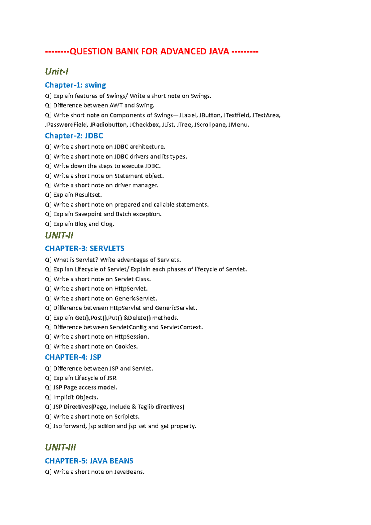 Question BANK FOR Advanced JAVA -QUESTION BANK FOR ADVANCED JAVA - Unit ...