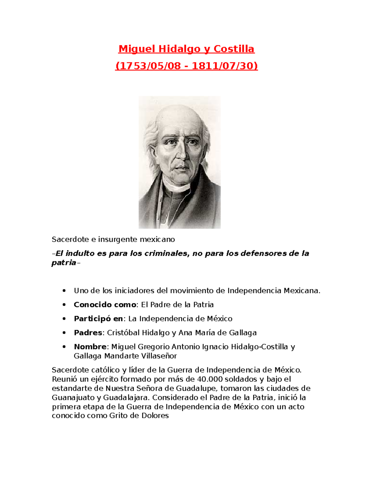 Biografia de hidalgo - descripcion - Miguel Hidalgo y Costilla (1753/05/08 - 1811/07/30 ...