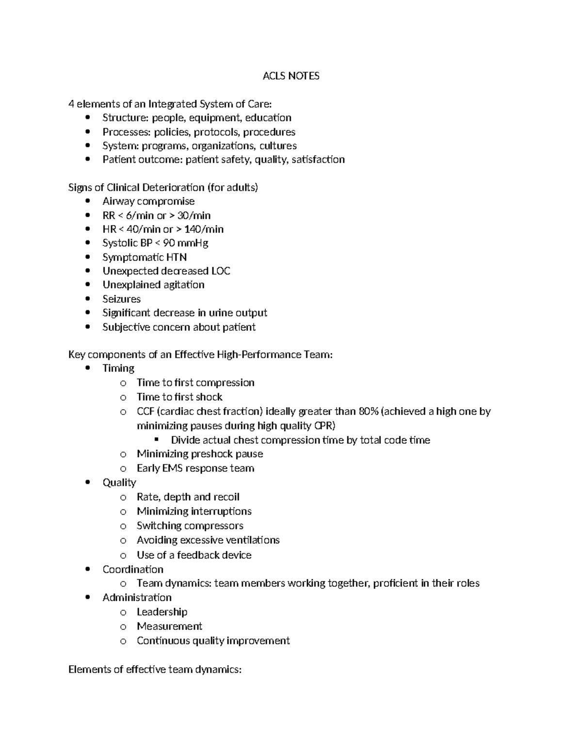 ACLS Class Notes: Integrated System of Care & Effective Team Dynamics ...