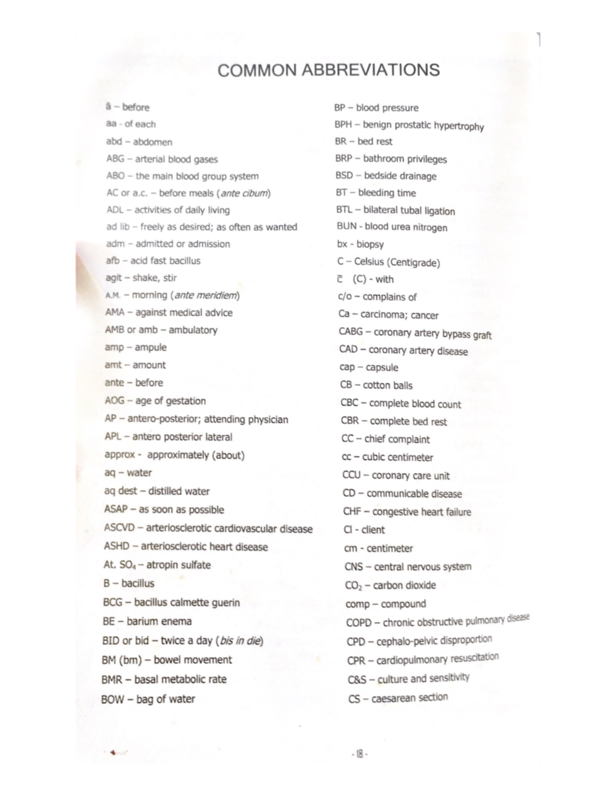 COMMON MEDICAL ABBREVIATIONS AND SYMBOLS - STUDY GUIDE - Studocu