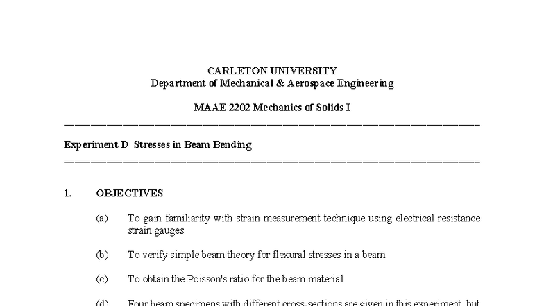 Lab Manual MAAE 2202: Experiment D - Beam Bending Stresses - Studocu