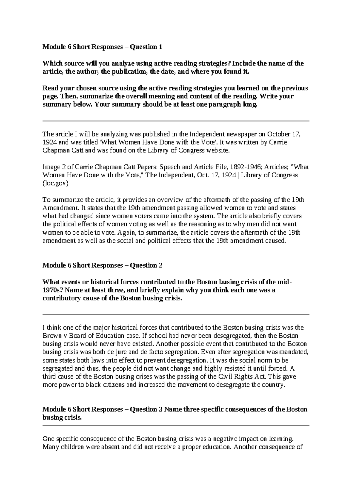 HIS-200 Module 6 Short Response Analysis on Voting & Boston Busing ...