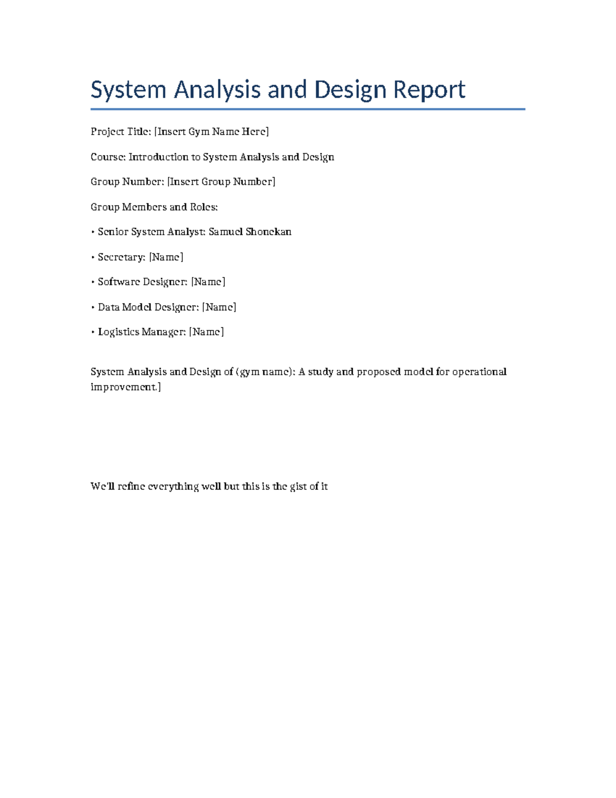 System Analysis and Design Report: Gym Project (ISAD 101) - Studocu