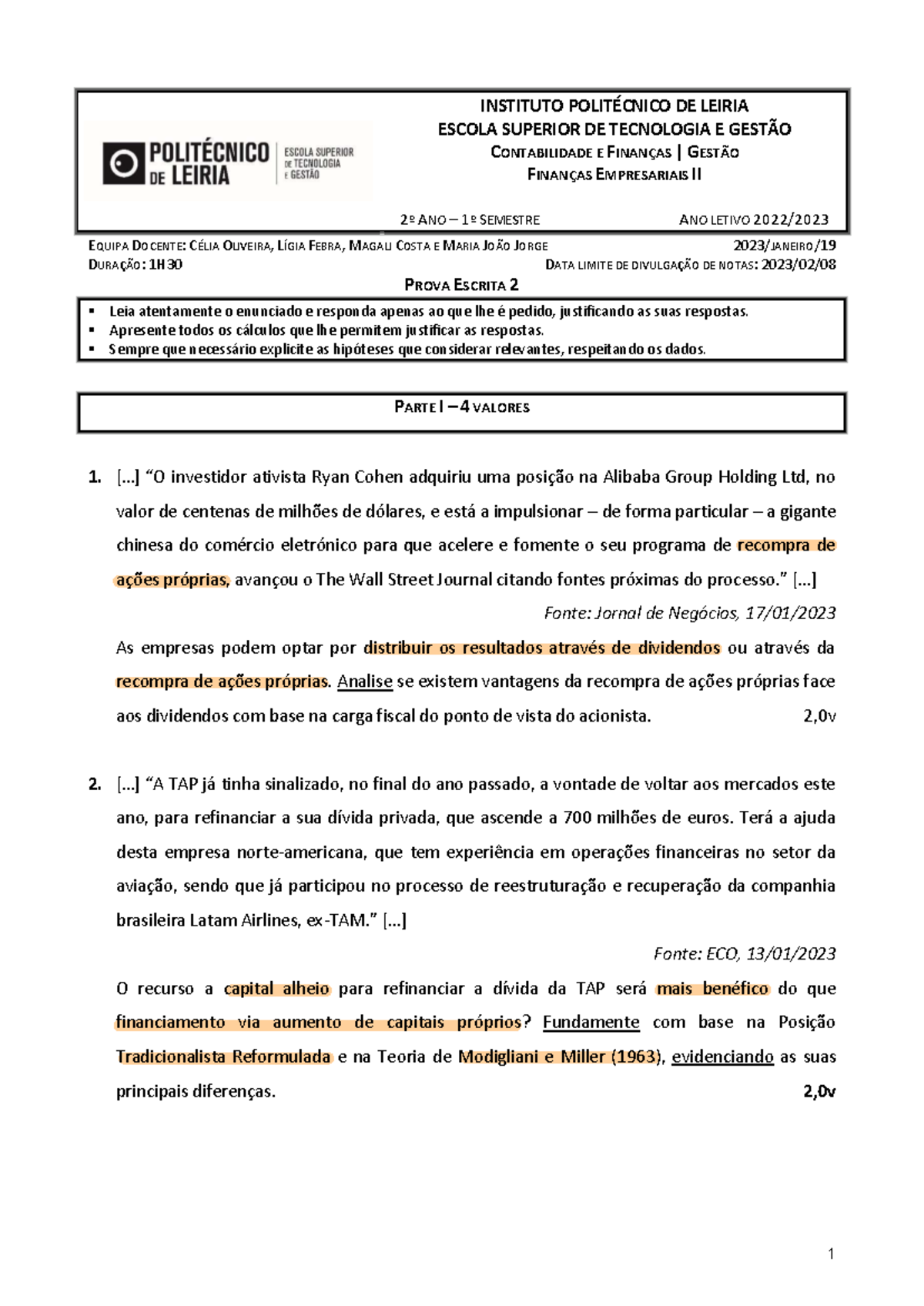 PE2 22-23 - Prova Escrita de Gestão Financeira II - Studocu