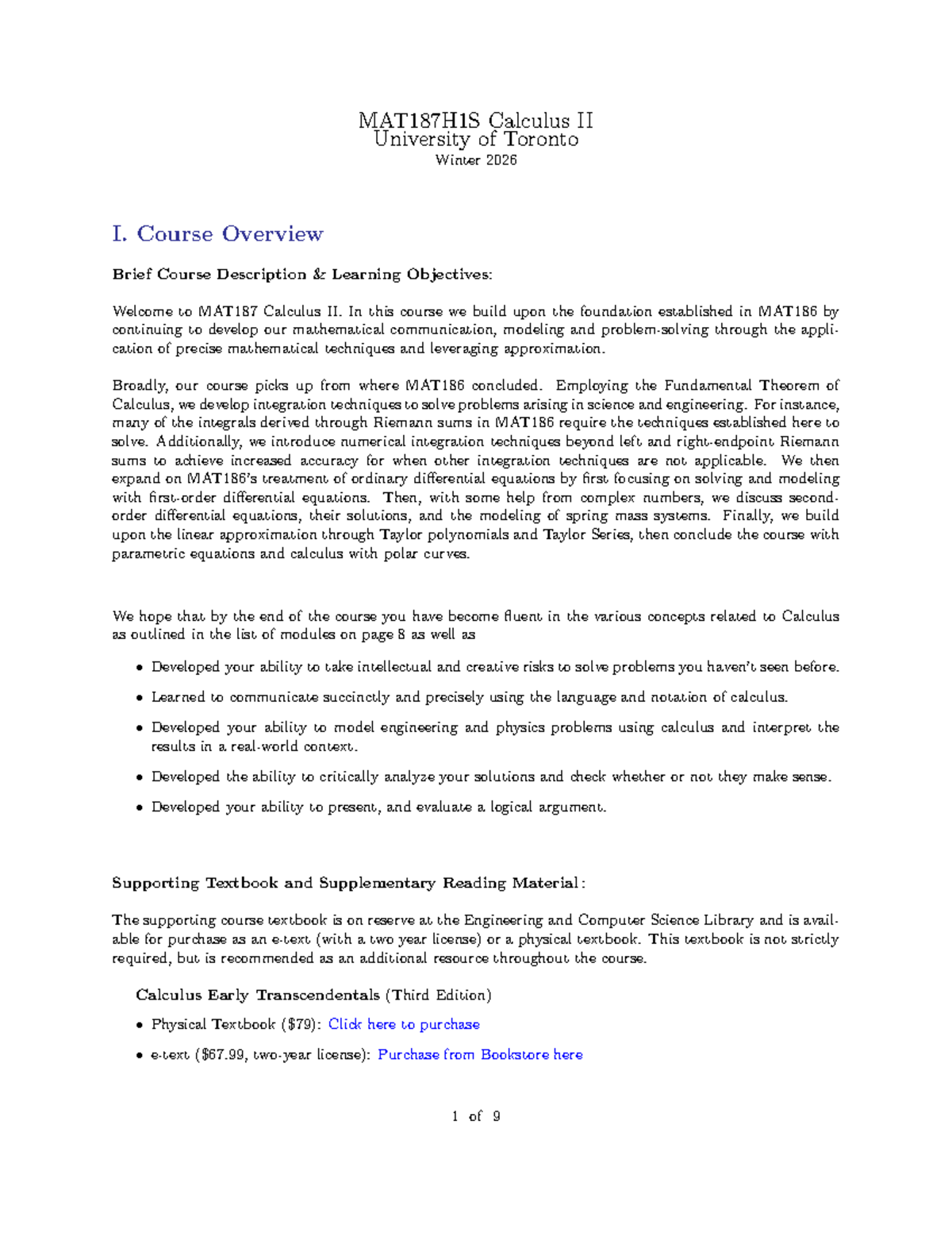 MAT187H1S Calculus II Course Syllabus - Winter 2026 Overview - Studocu