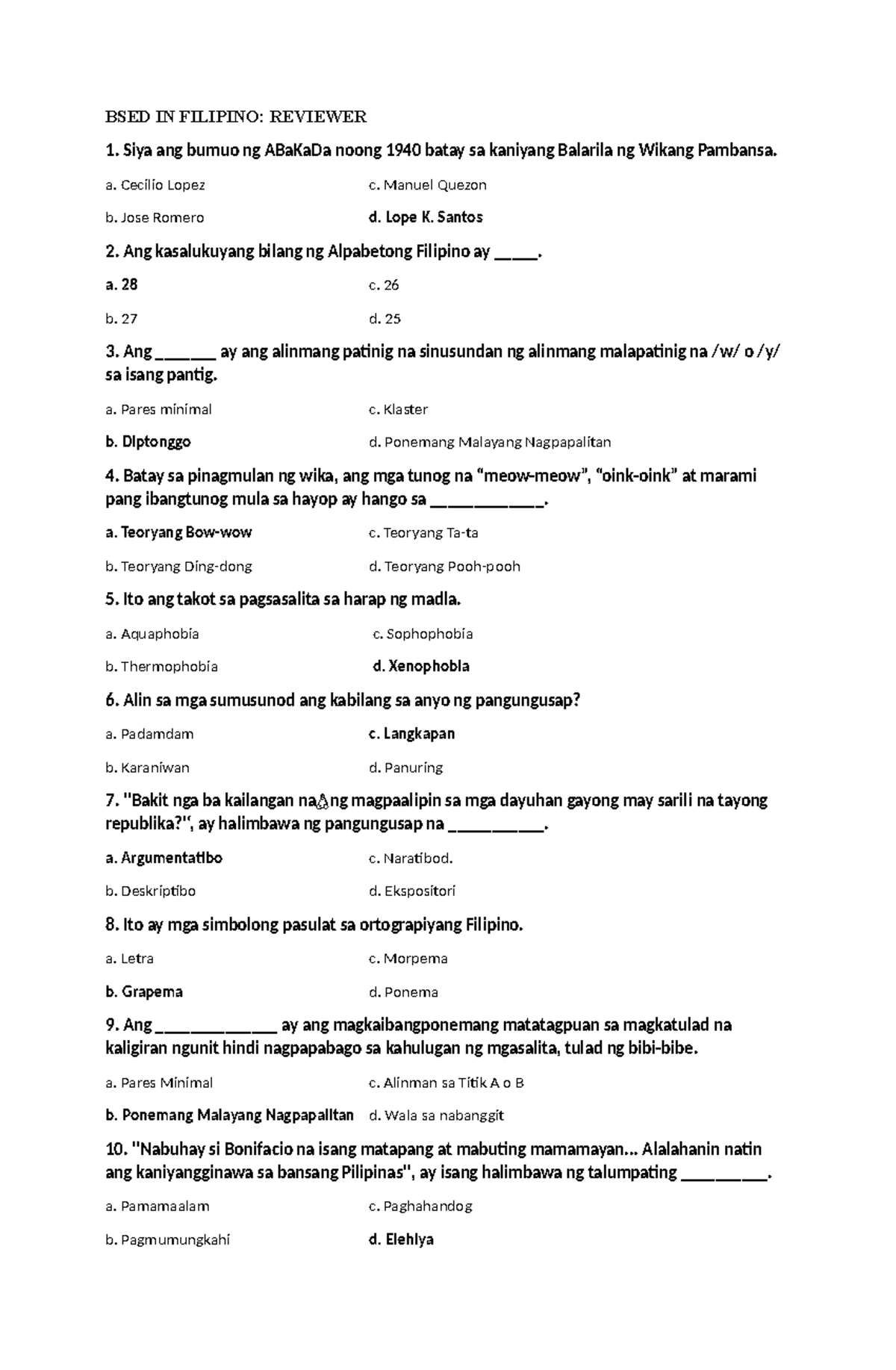 BSED Filipino Final Exam Reviewer: Key Questions and Concepts - Studocu