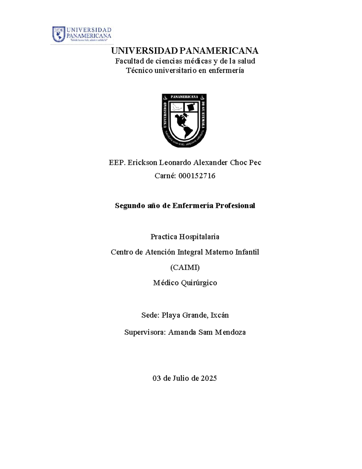 Informe Final de Práctica Hospitalaria EEP 2025 - Enfermería - Studocu