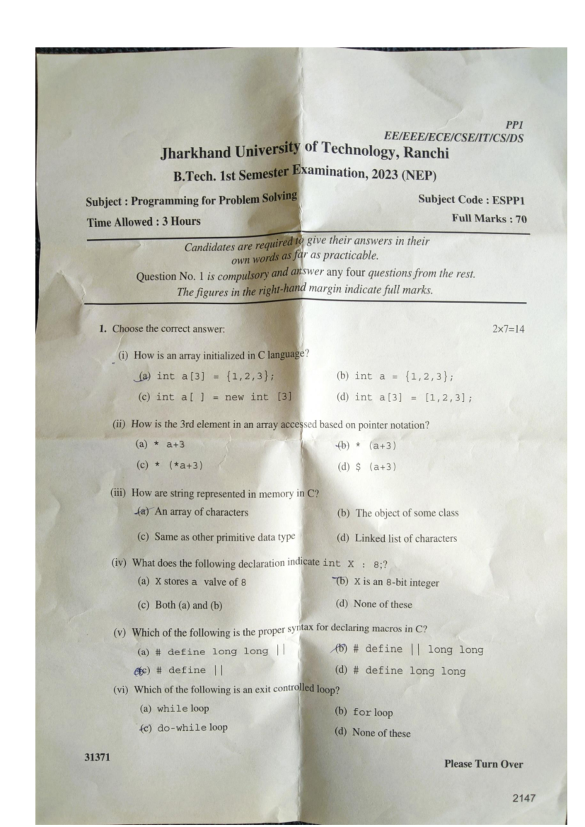 B.Tech 1st Sem Exam 2023: Programming for Problem Solving - Studocu