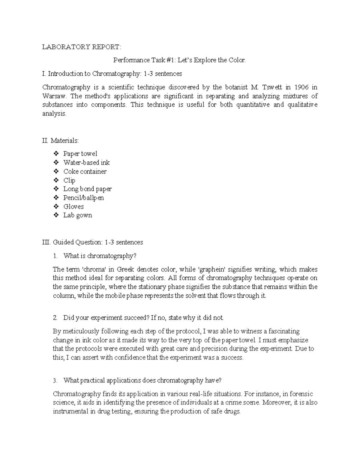Chemistry Lab Report: Exploring Chromatography Techniques - Studocu